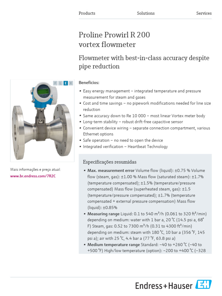 Endress-Hauser Proline Prowirl R 200 7R2C PT | PDF | Flow Measurement | Steam