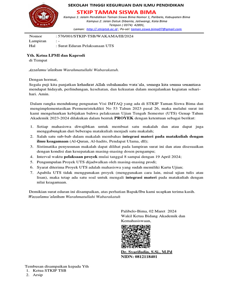 Surat Edaran Pelaksanaan UTS Semester Genap TA. 2023-2024 | PDF