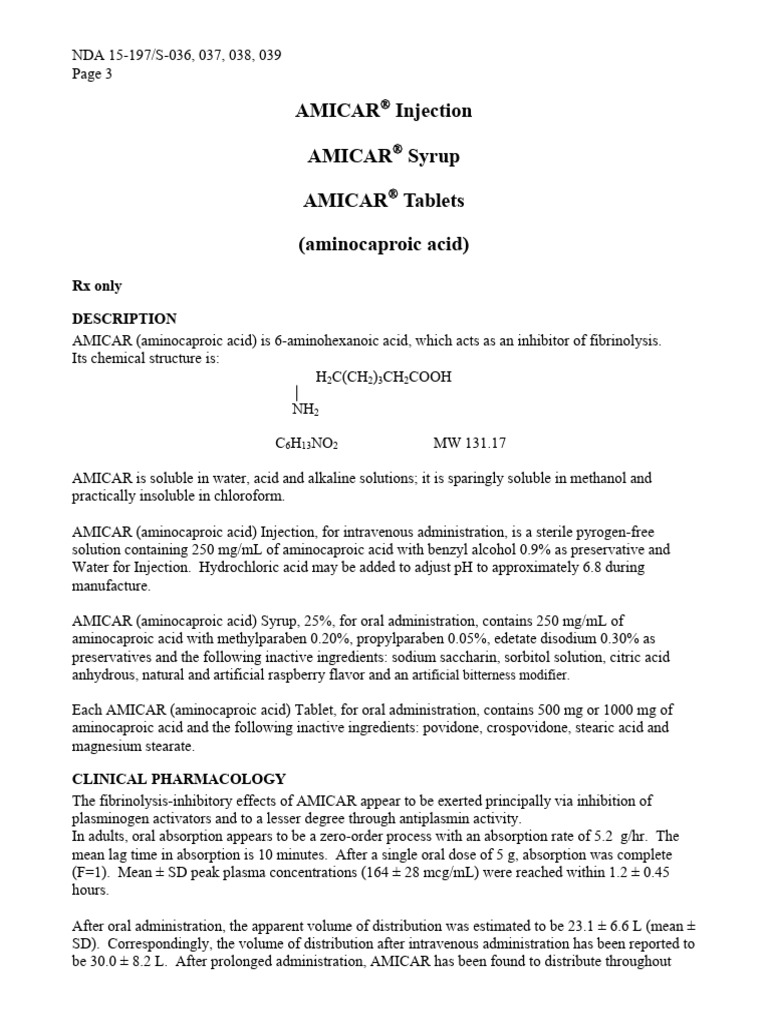 AMICAR (Aminocaproic Acid) Overview | PDF | Platelet | Intravenous Therapy