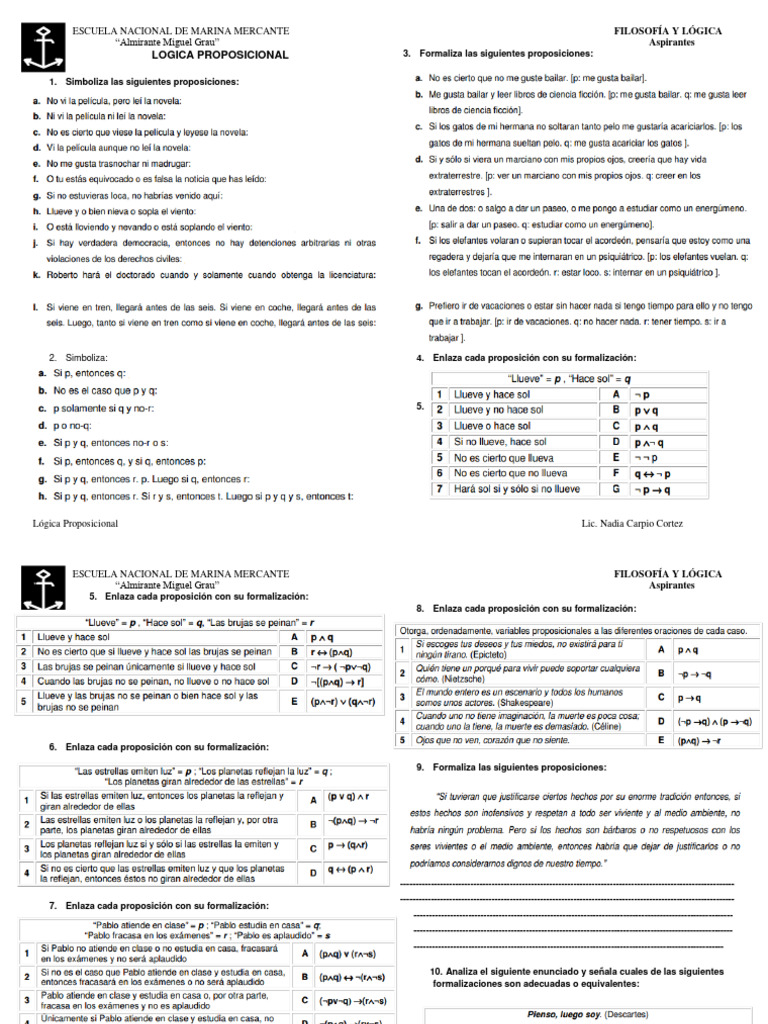 LOGICA PROPOSICIONAL Ejercicios COMPLETO | PDF | Proposición | Lógica