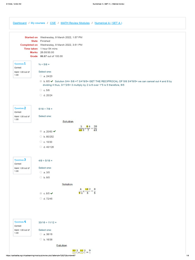 Numerical A (SET A) - Attempt Review | PDF