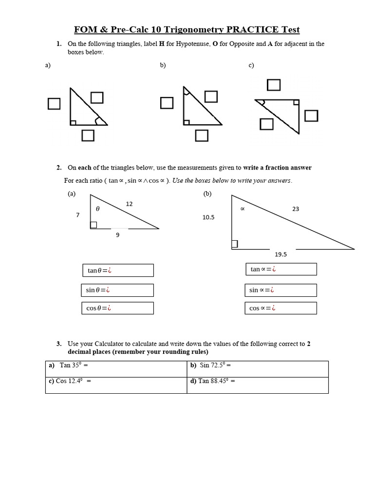 trig_practice_test (2) | PDF | Trigonometry | Elementary Geometry