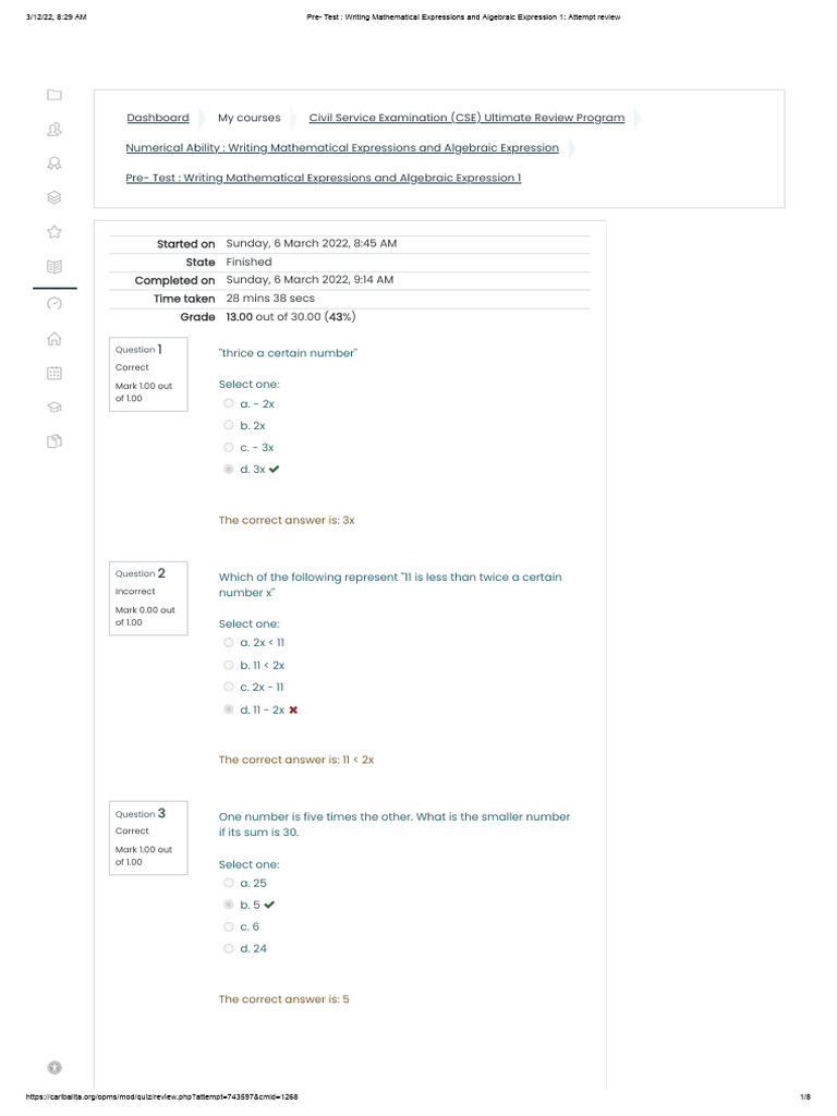 Pre - Test - Writing Mathematical Expressions and Algebraic Expression ...
