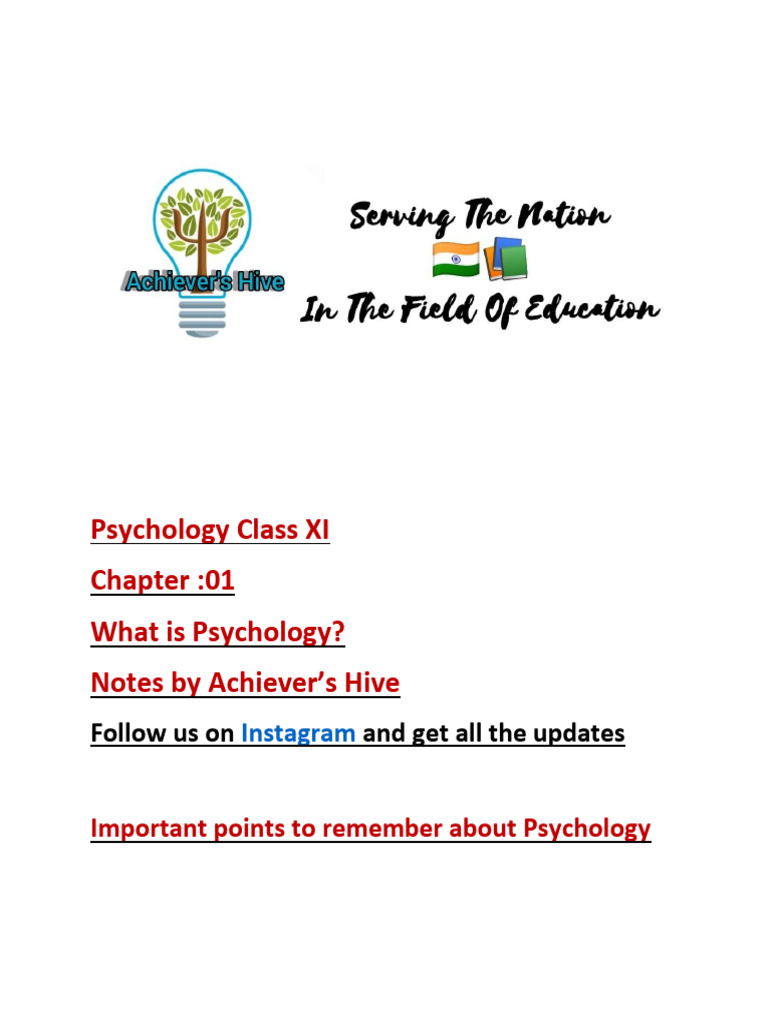 Notes Chapter 1 Psychology Class 11 | PDF | Psychology | Mind Notes Chapter 1 Psychology Class 11 | PDF | Psychology | Mind
