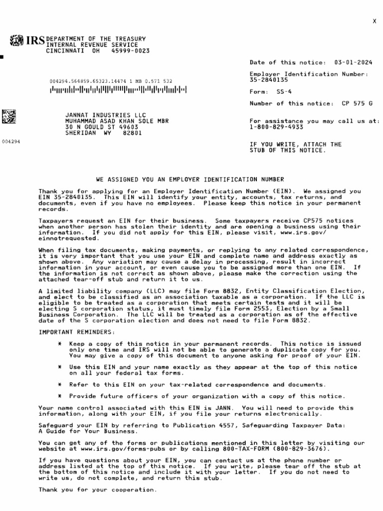 Irs 03-07-24 - Initial Filing - JANNAT INDUSTRIES LLC | PDF