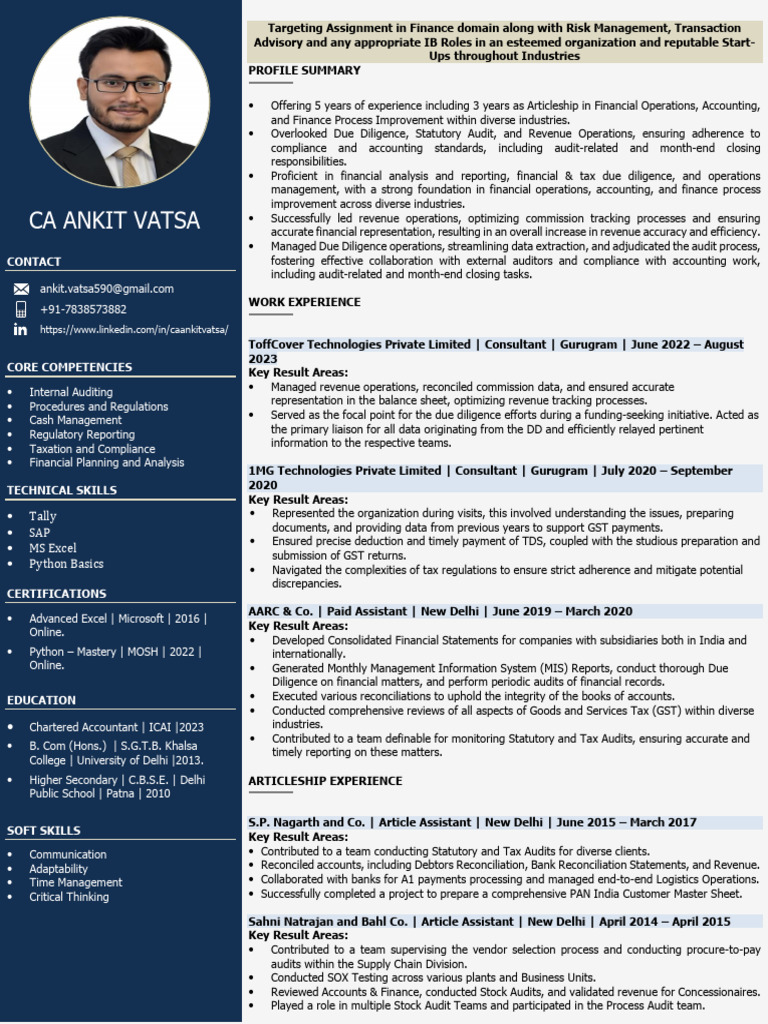 CV CA Ankit Vatsa | Download Free PDF | Regulatory Compliance | Audit CV CA Ankit Vatsa | Download Free PDF | Regulatory Compliance | Audit