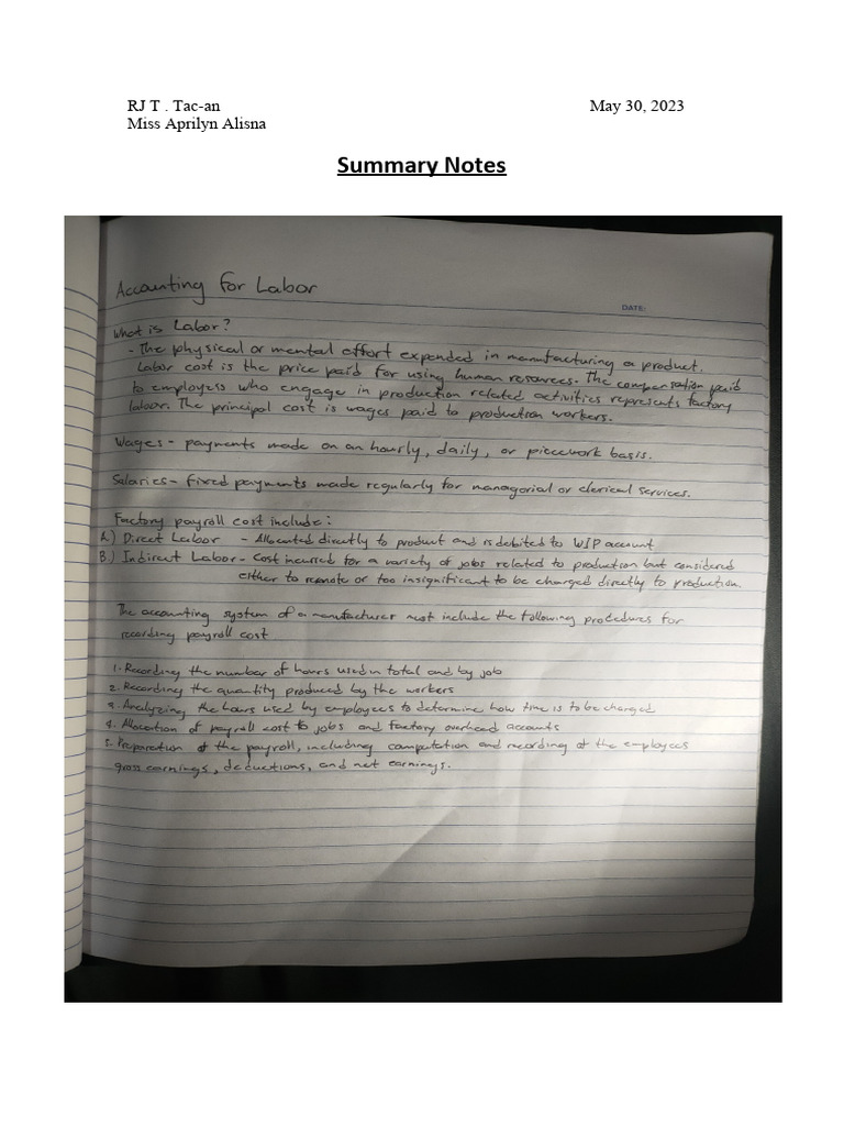 Accounting For Labor (Summary Notes) | PDF