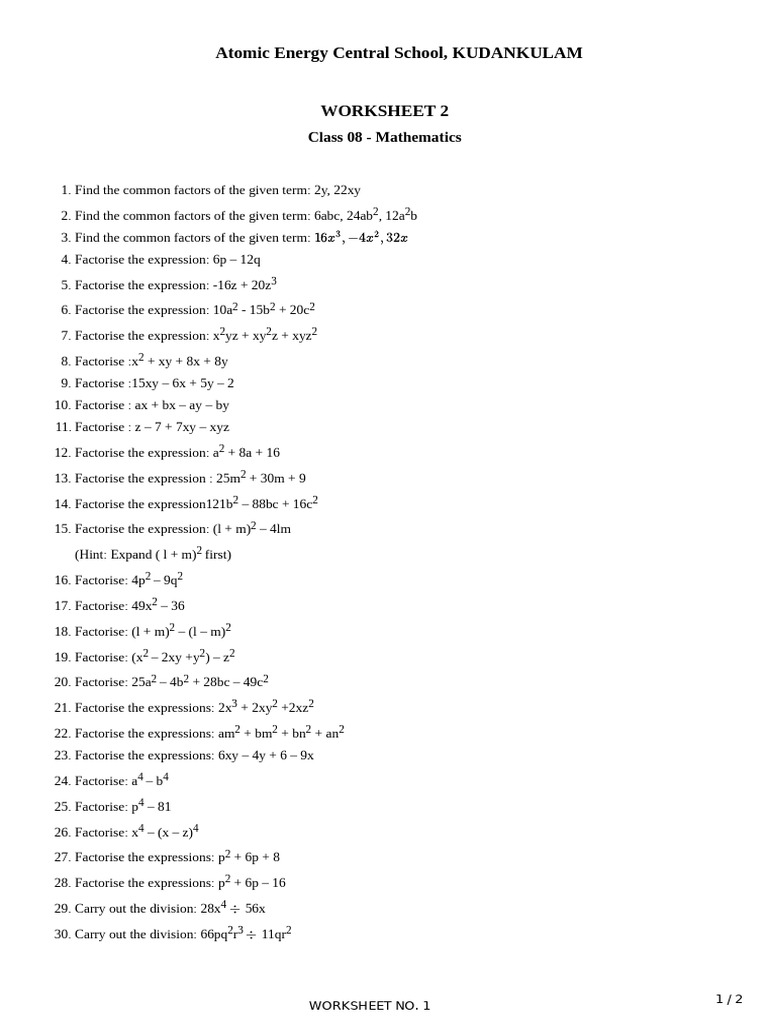 Class 8 Polynomial Division Worksheet | PDF | Algebra | Mathematics
