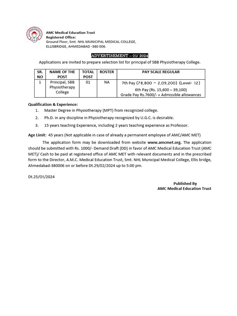ADVT 2024 For Principal Physiotherapy College | PDF