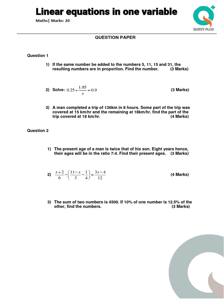 Linear Equations in One Variable - Question Paper133190320159203901 | PDF