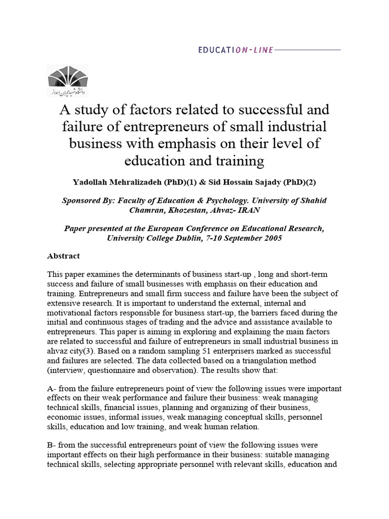 A Study of Factors Related To Successful and Failure of Entrepreneurs ... A Study of Factors Related To Successful and Failure of Entrepreneurs ...