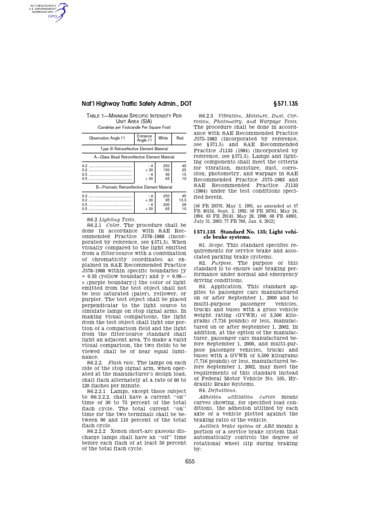 ASTM F2493 & FMVSS 135 Compliance | PDF | Brake | Anti Lock Braking System