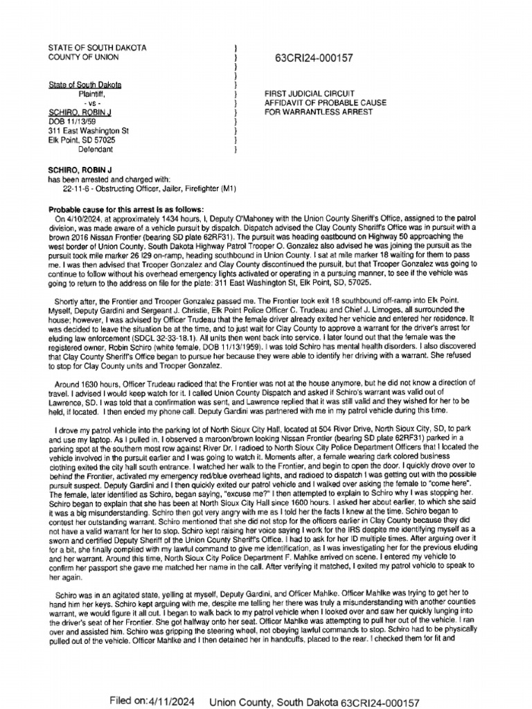 Robin Schiro 63cri24-000157 - Affidavit of Probable Cause For ...