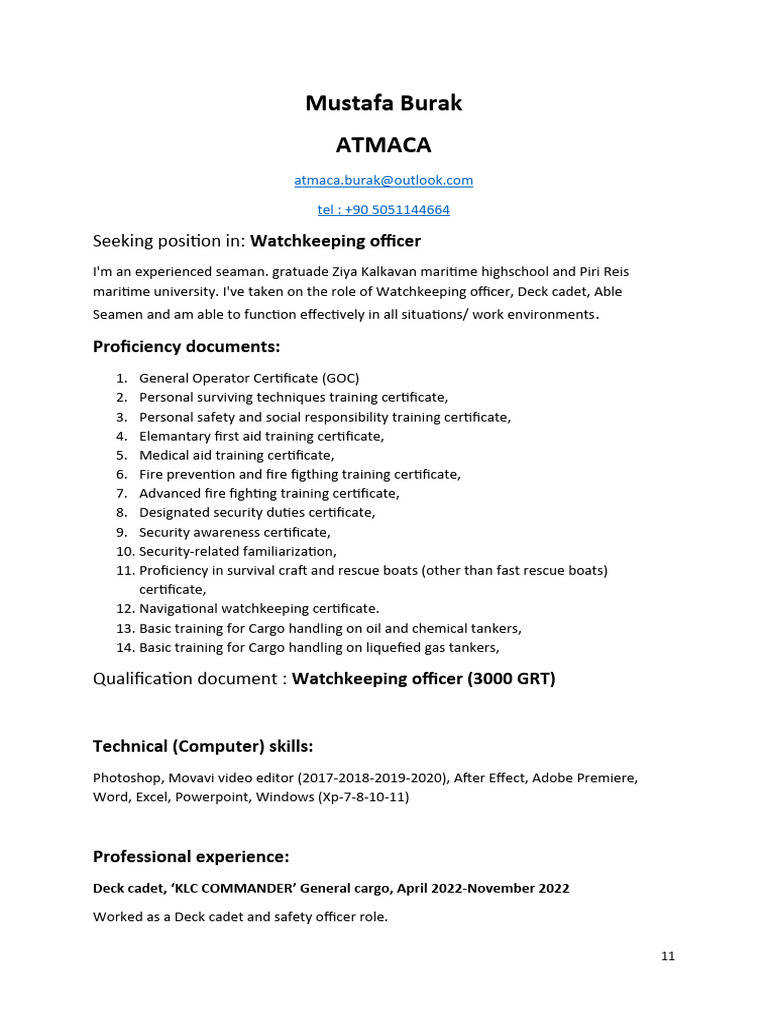 Mustafa Burak ATMACA CV Eng. | PDF | Sailor | Shipping