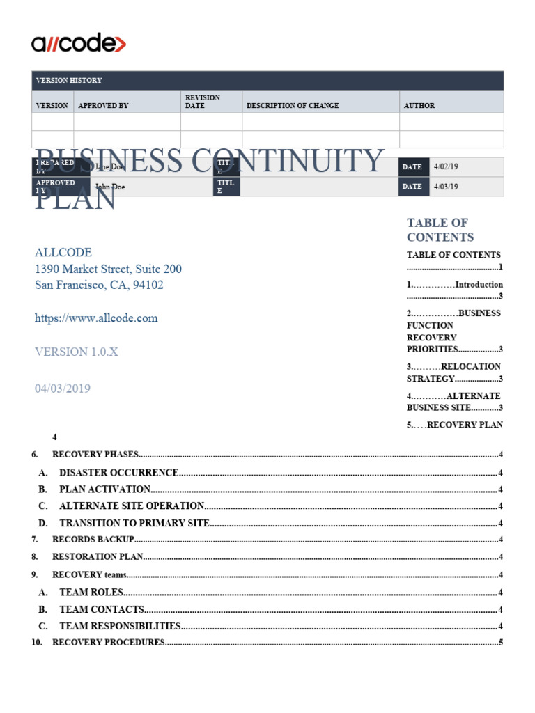 AllCode BCP Plan - Redacted - V104 6 | PDF | Backup | Emergency