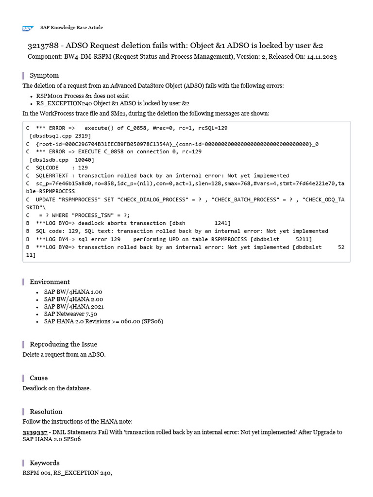 ADSO Request Deletion Fails With: Object &1 ADSO Is Locked by User &2 | PDF | Database ...