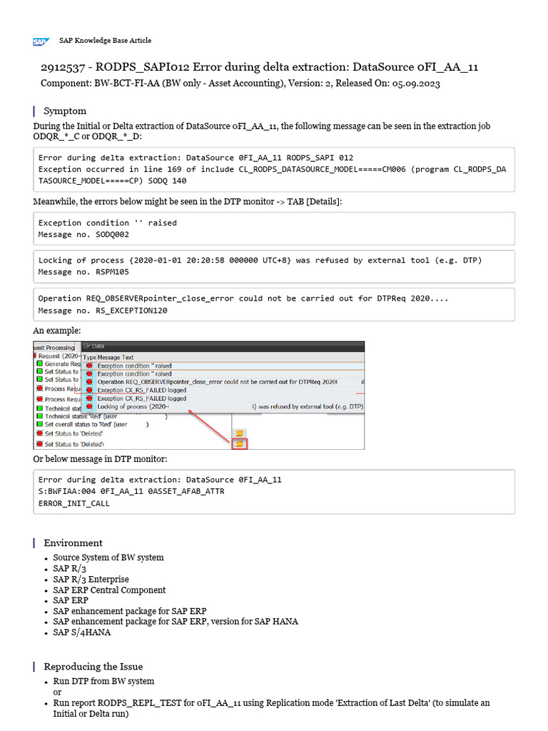 Rodps - Sapi012 Error During Delta Extraction: Datasource 0fi - Aa - 11 | PDF | Computer ...