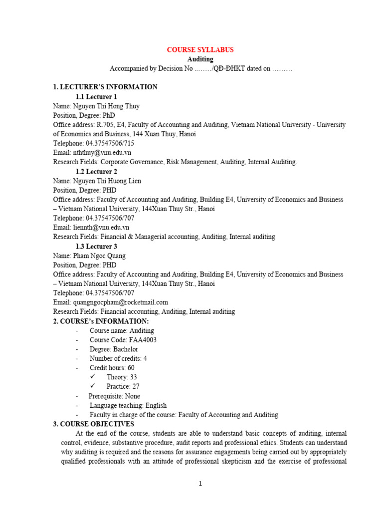 Auditing Course Syllabus Overview | PDF | Internal Control | Audit