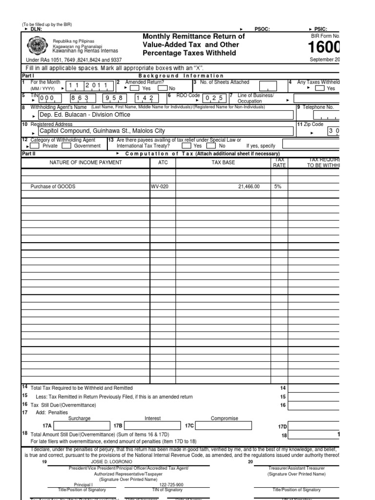 Bir 1600 | PDF | Withholding Tax | Value Added Tax