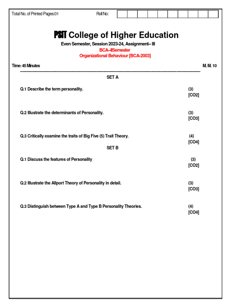 Organizational Behavior Assignment Personality Pdf Psychology