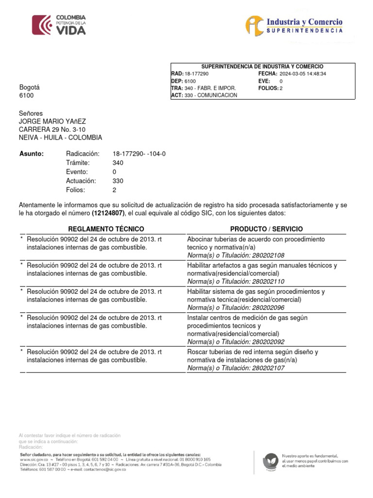 Registro Sic Jorge Yañez Actualizado | PDF