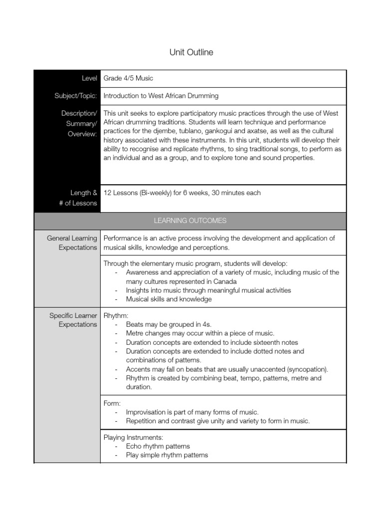 Modified West African Drumming Unit Plan | PDF | Rhythm | Learning