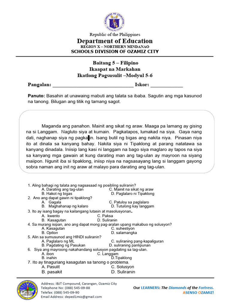 Filipino5-Pagsusulit-3-Modyul-5-6 | PDF
