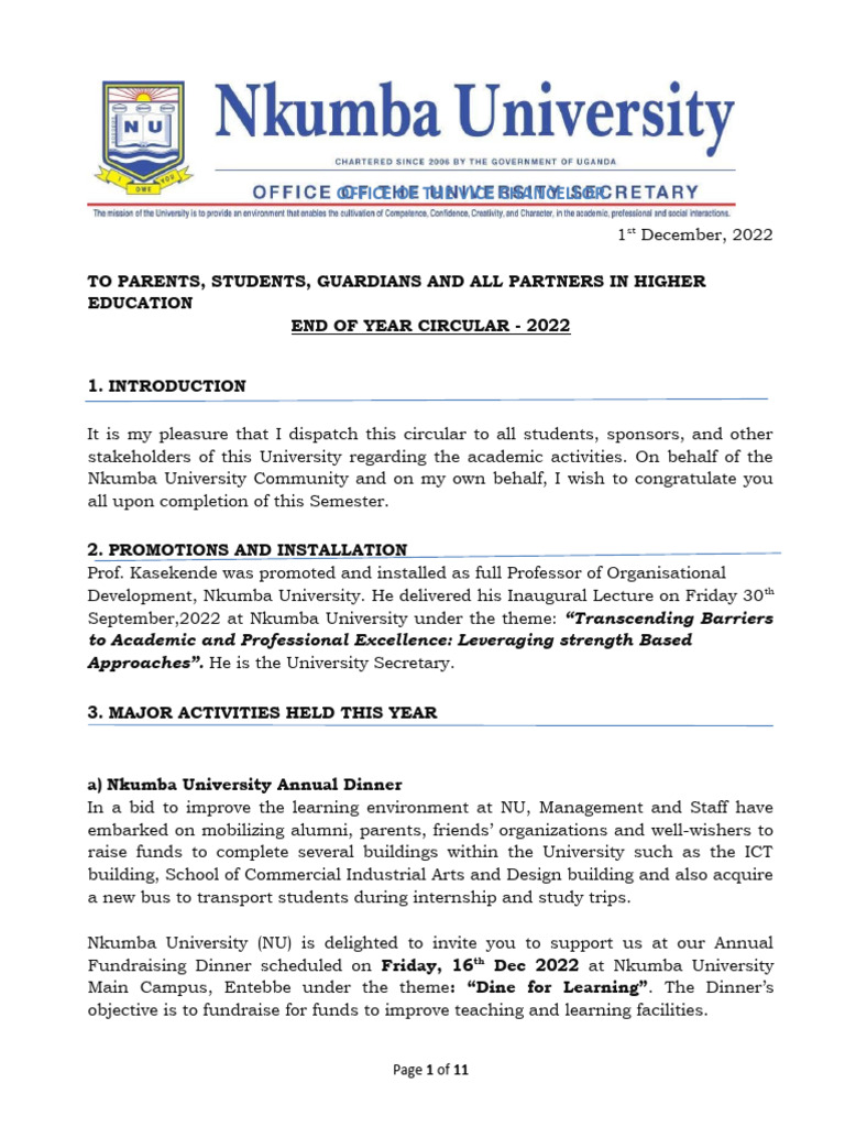 Nkumba University End of Year Circular 2022 | PDF | Educational ...