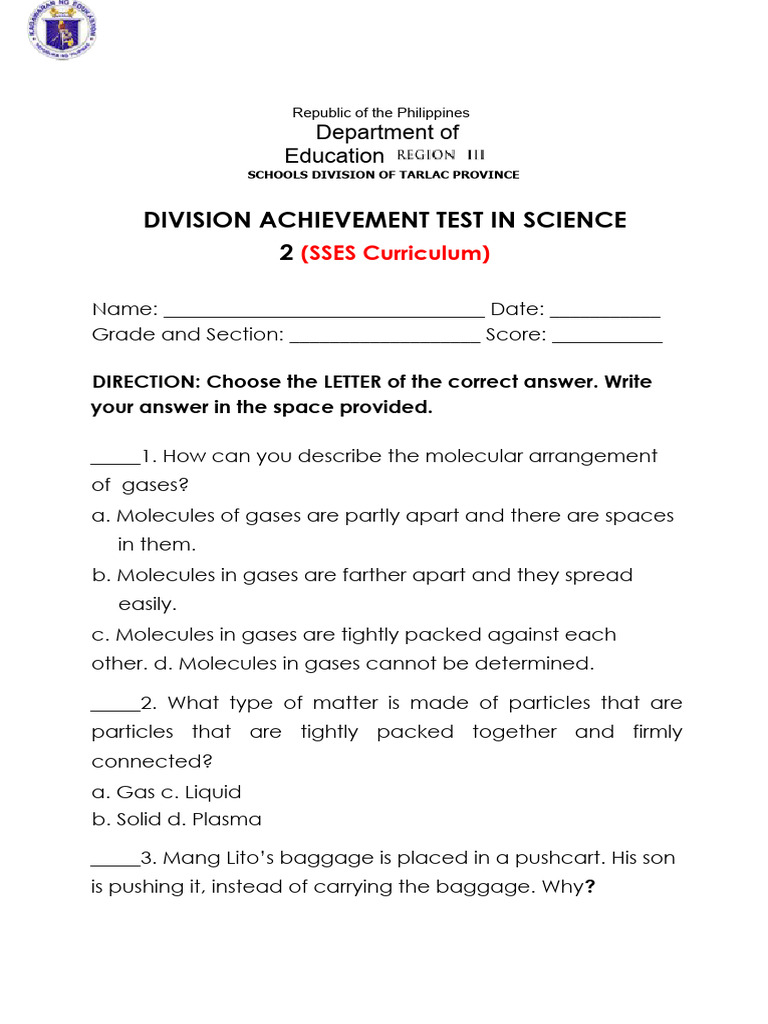 Achievement Test in Science 2 Sses | PDF | Gases | Liquids