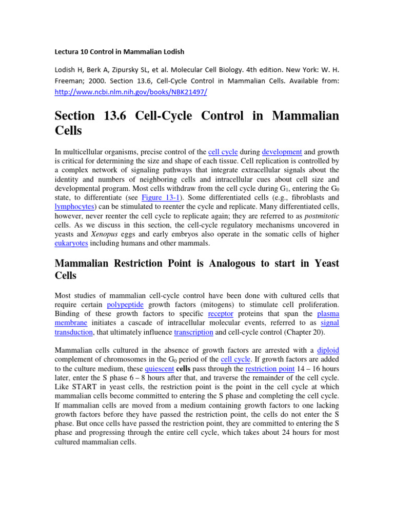 Lectura 10 Control in Mammalian Lod | PDF | Cell Cycle | Cell Growth