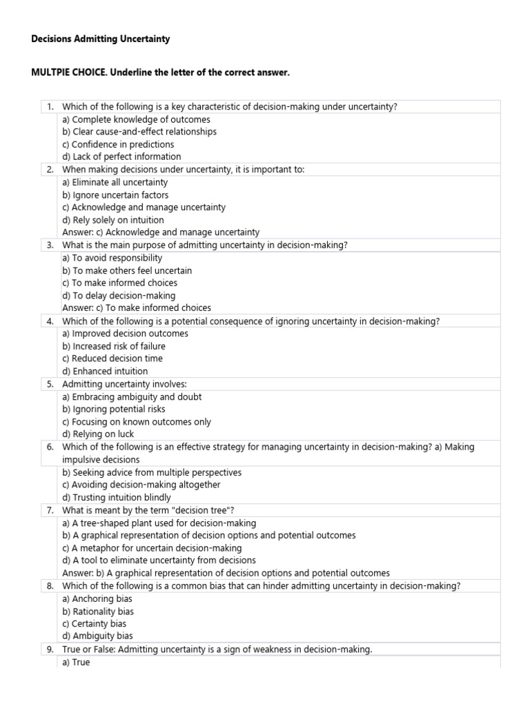 Seatwork Decisions Admitting Uncertainty | PDF | Decision Making | Risk
