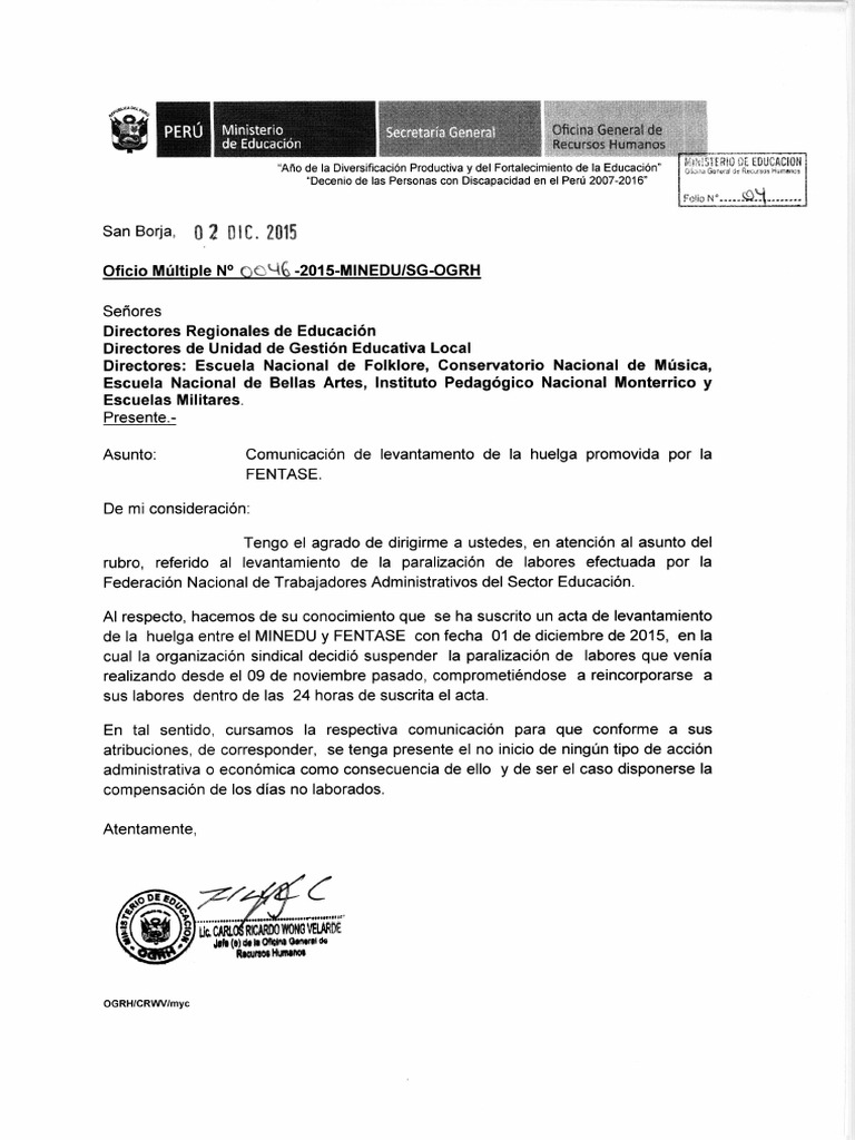 Oficio Múltiple 046-2015-OGRH - Levantamiento de Huelga Fentase | PDF