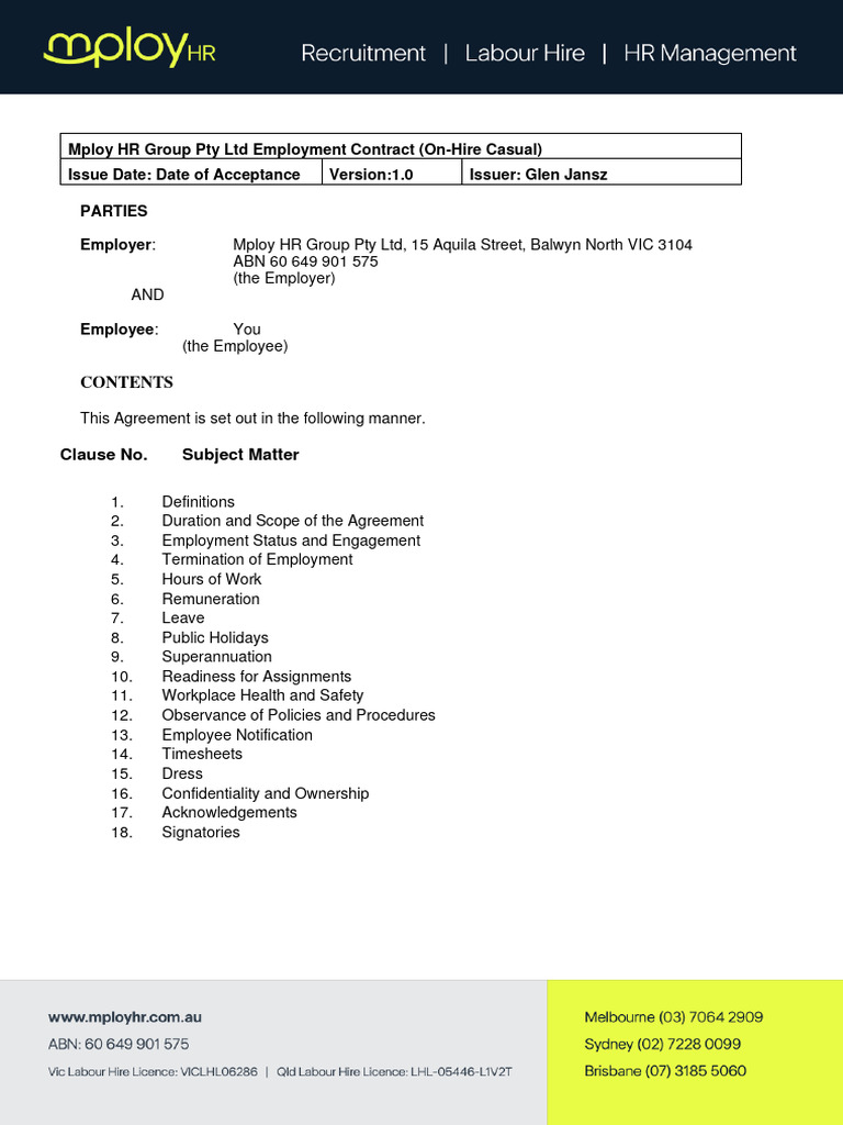 Mploy HR - Employment Contract - On-Hire Casual | PDF | Employment ...
