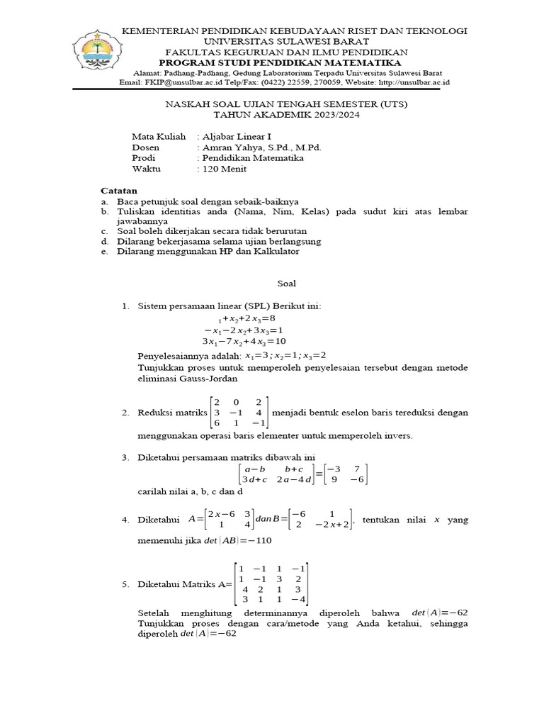 Soal Uts Aljabar Linear Ganjil 2023-2024 | PDF | Metode & Bahan Ajar