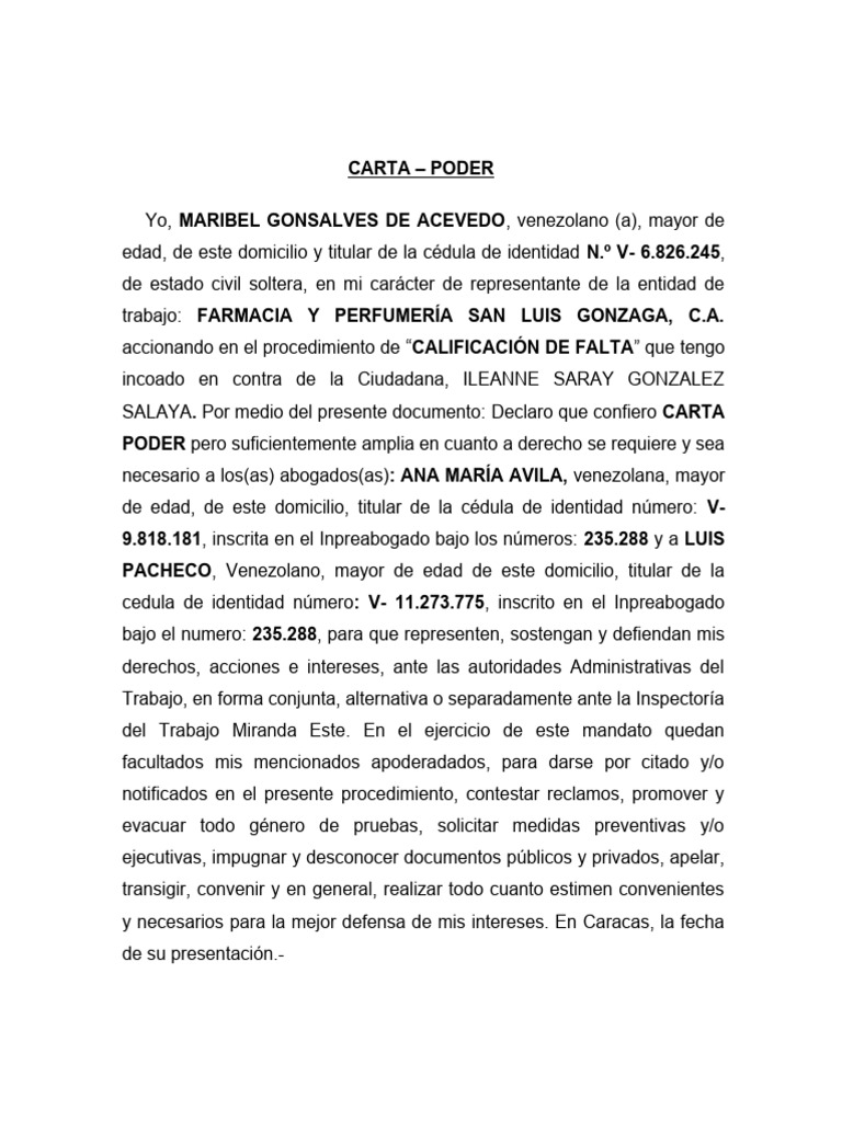 Carta Poder para Representación Legal | PDF