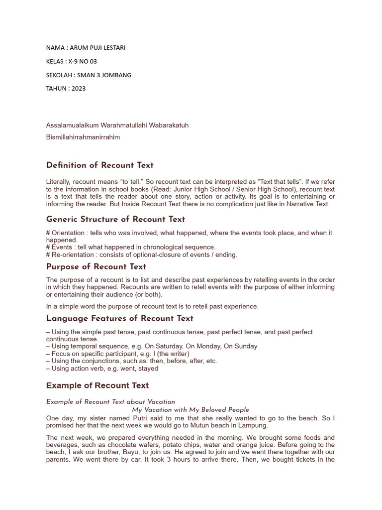 Tugas Inggris The Recount TExt TARI | PDF | Grammatical Tense | Linguistics