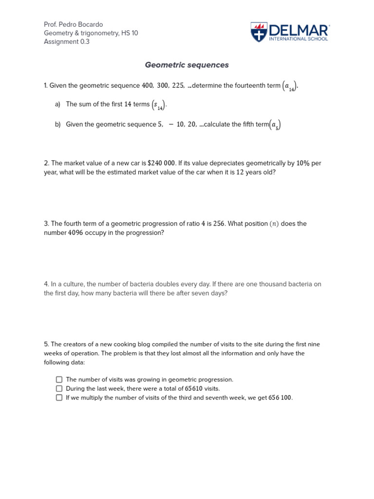 Geometric Sequences Assignment | PDF