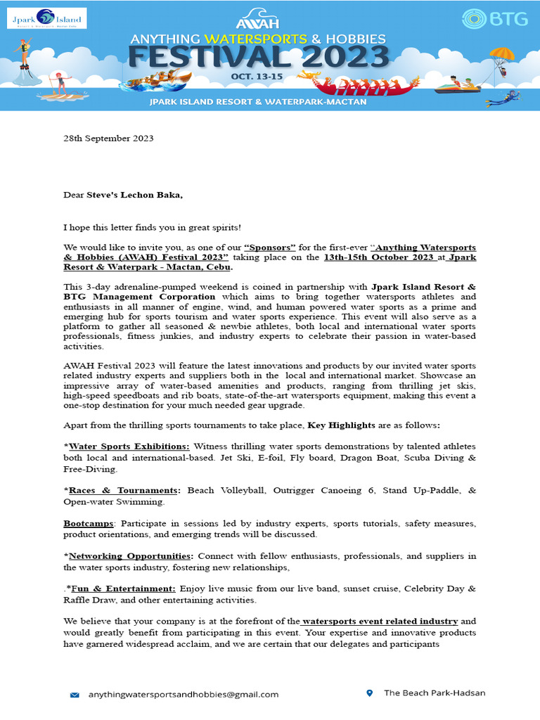 AWAH Fest 2023 Invitation Letter - Steve's Lechon Baka | PDF | Business