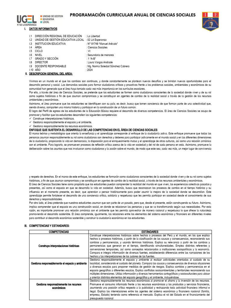 Programacion Curricular Anual CC - SS 1° | PDF | Evaluación | Aprendizaje