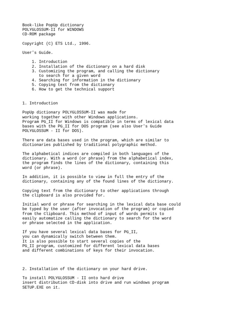 PG2 - WIN Book-Like PopUp Dictionary POLYGLOSSUM-II For WINDOWS | PDF | Installation (Computer ...
