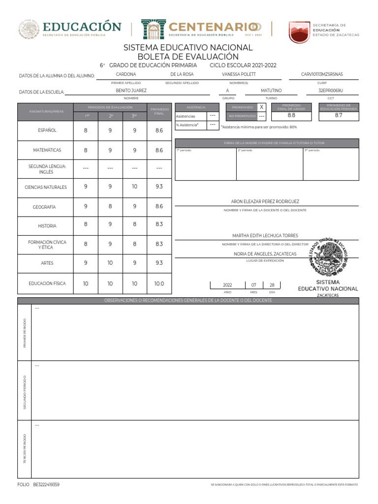 Boleta de Evaluación Primaria 2022 | PDF | Educación primaria