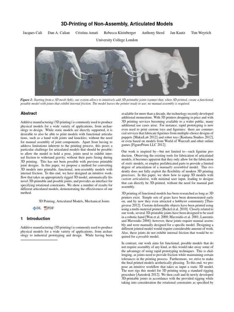 3d Printing of Non Assembly Articulated Models PDF | PDF | 3 D Printing | 3 D Computer Graphics