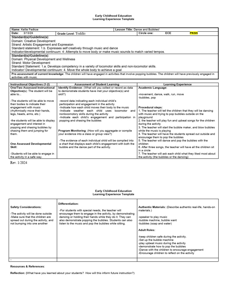 Edt 317-Movement and Dance Lesson Plan-Kellie Fedkoe | PDF | Early ...