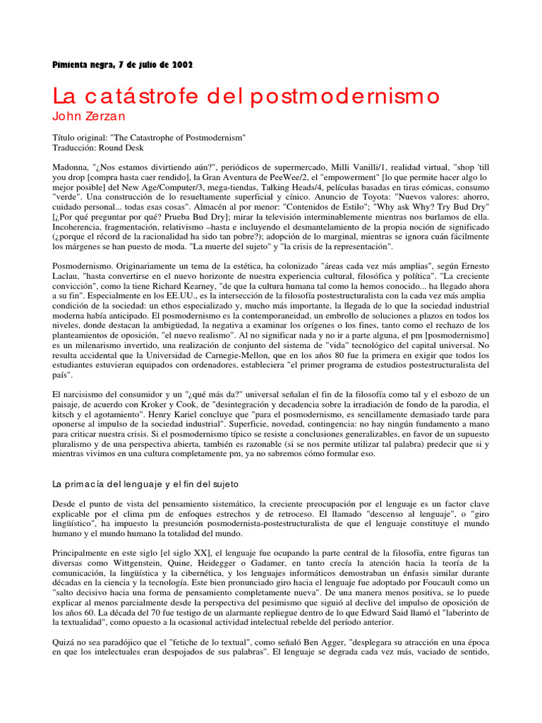 Zerzan, John - La Catastrofe Del Postmodernismo | PDF | Michel Foucault | Verdad