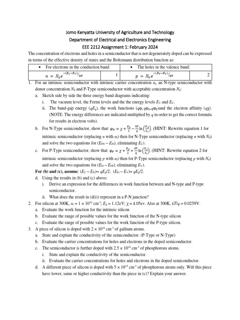 EEE 2212 Assignment 1 February 2024 | PDF | Doping (Semiconductor) | Semiconductors