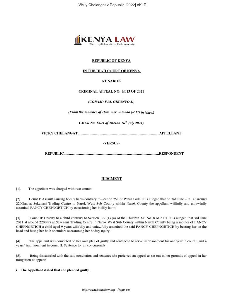 "Vicky Chelangat Appeal Judgment" | PDF | Assault | Plea