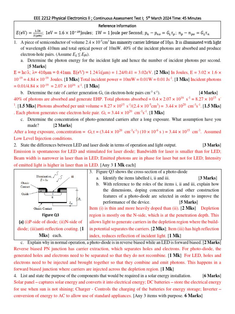 EEE 2212 Physical Electronics II CAT March 2024 Model Answers | PDF | Light Emitting Diode | Laser