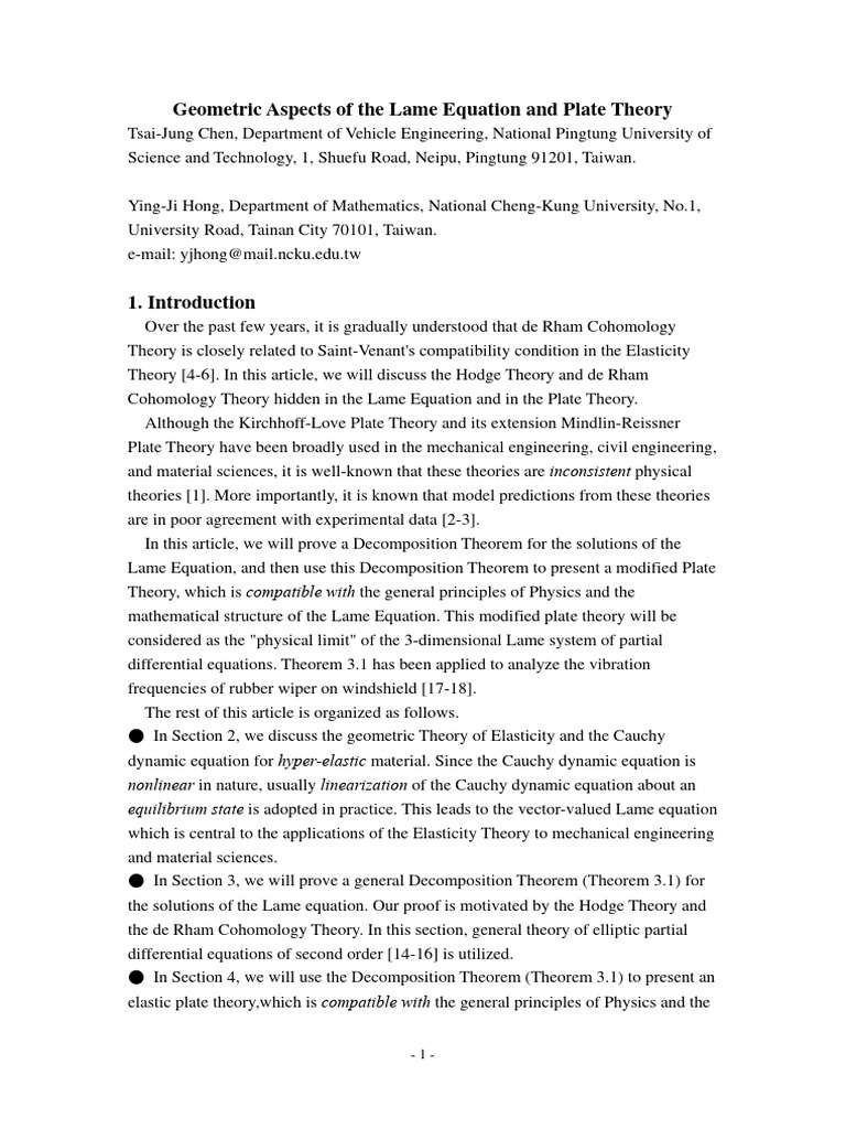 Geometric Aspects of The Lame Equation and Plate T | Download Free PDF ...