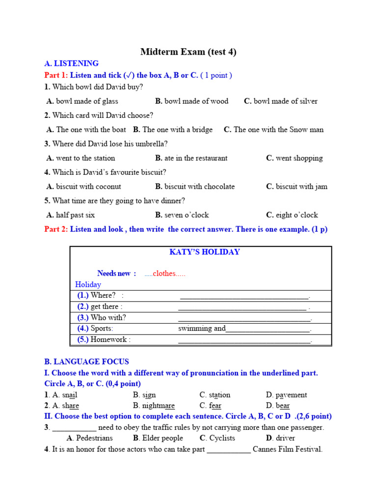 Midterm Exam English 7 Global Success | PDF