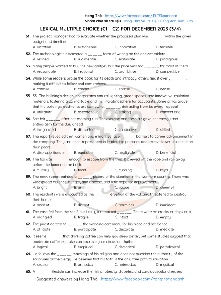 C1-C2 Lexical Multiple Choice Quiz | PDF | Social Science